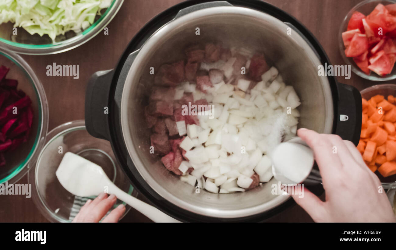 Step by step. Flat lay. Cooking beet soup, borscht with organic ...