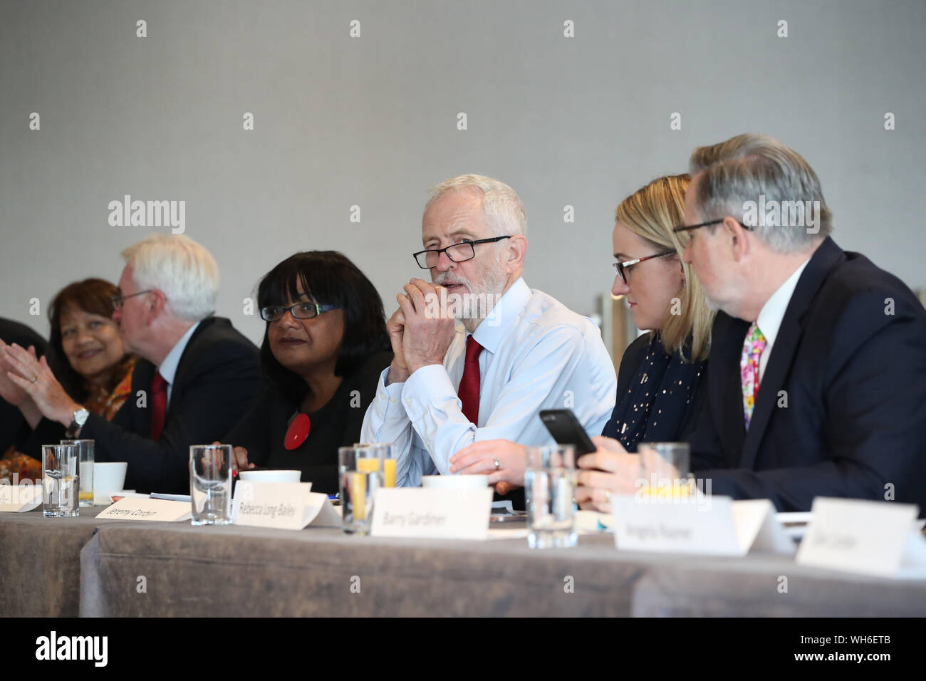Labour leader Jeremy Corbyn (centre) with members of his shadow cabinet ...