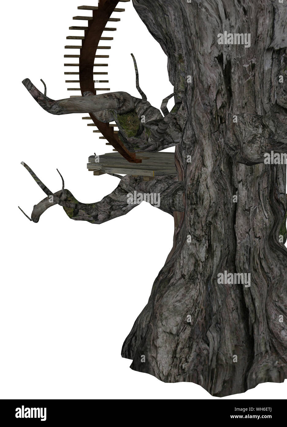 Digitally rendered illustration of an old tree with stairs on white ...