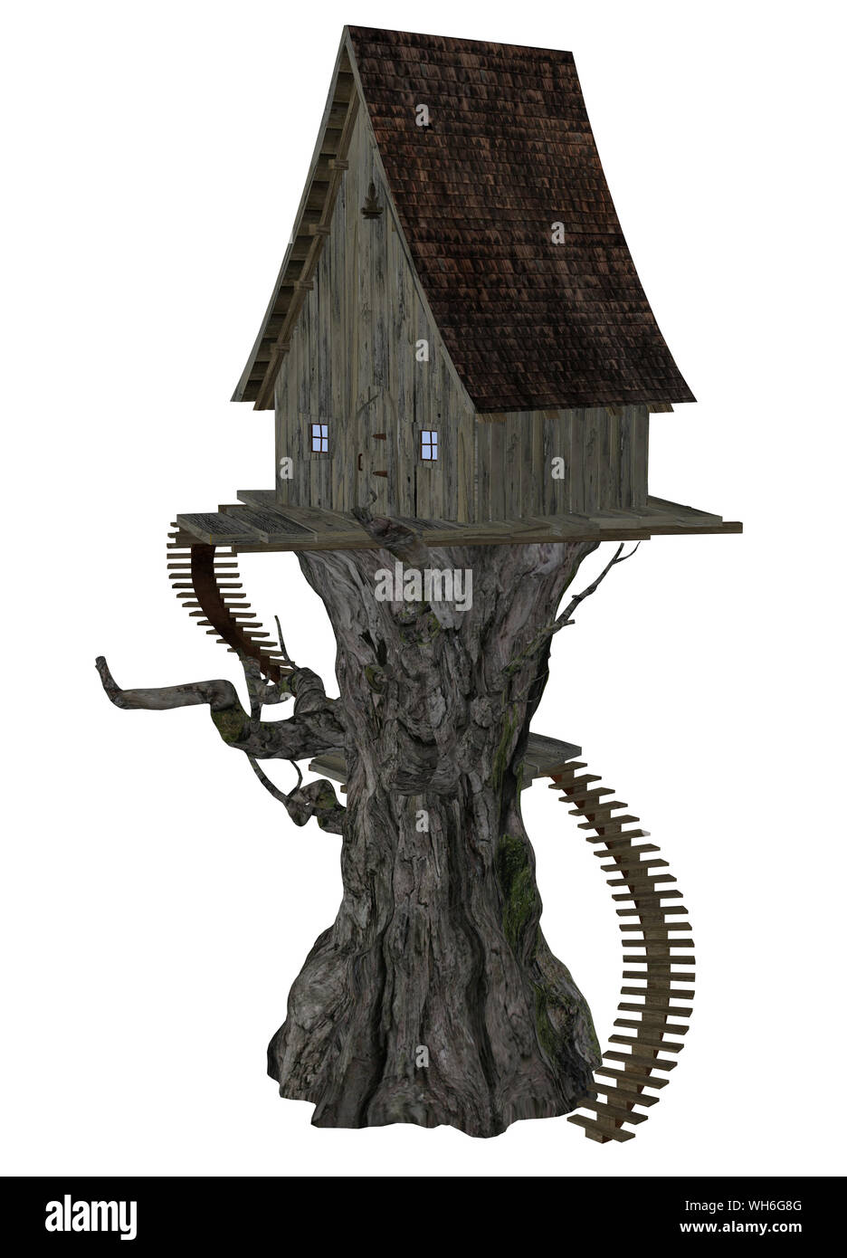 Digitally rendered illustration of an old witch house on big tree Stock ...