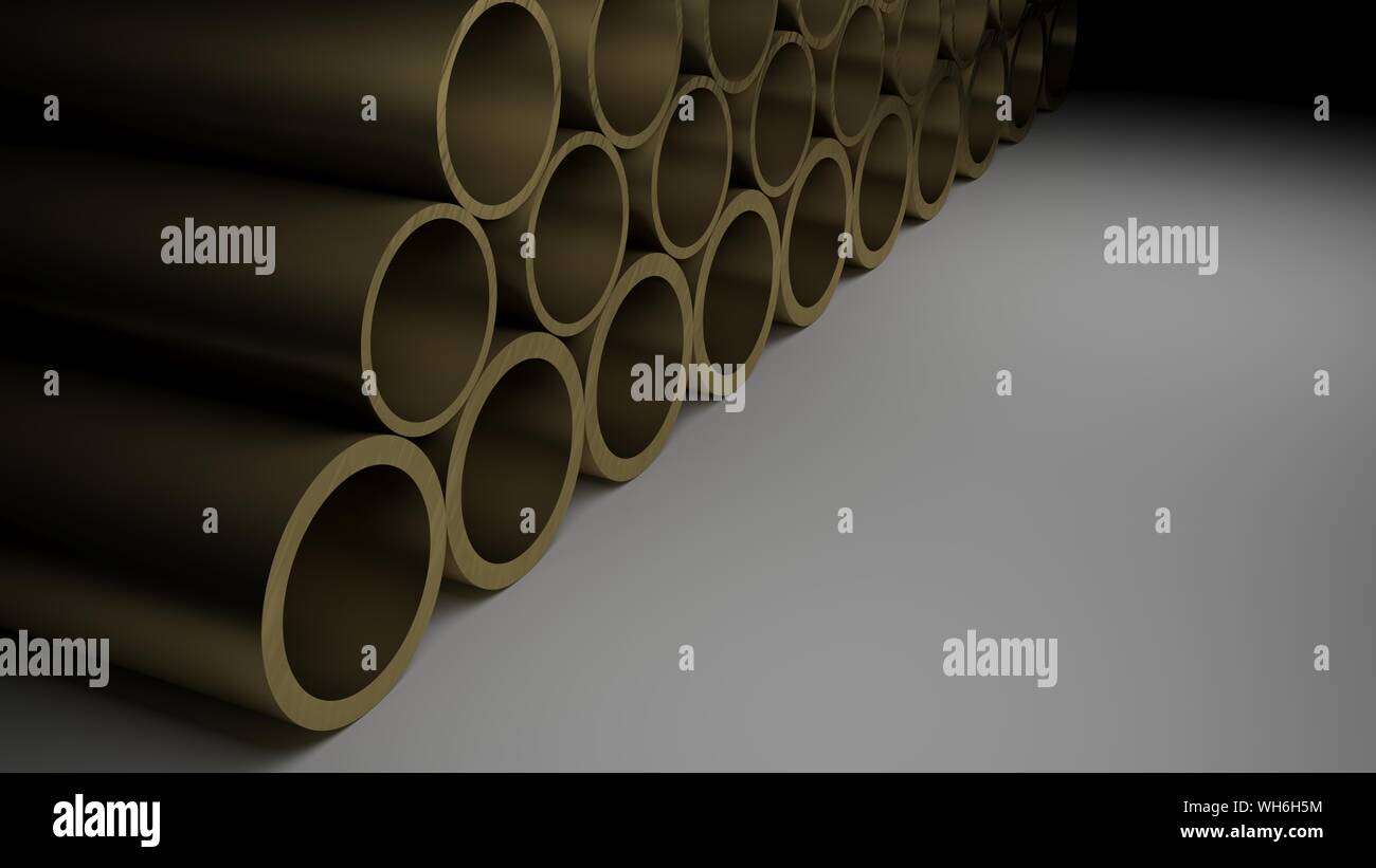 A series of metallic brass tubes on a glossy black surface - 3D ...