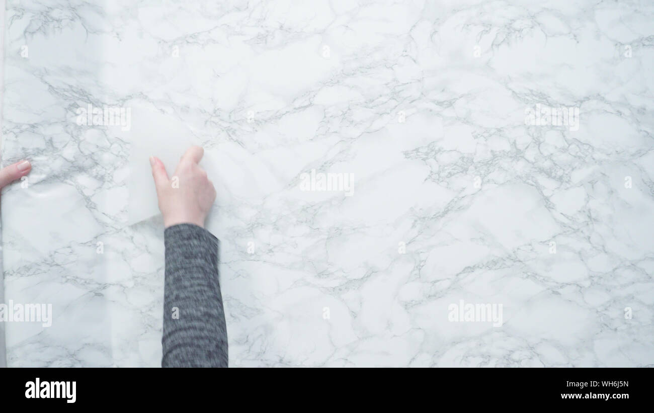 Flat lay. Making marble board with adhesive paper for food photography ...