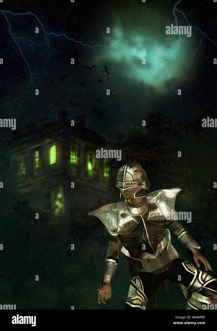 Ancient castle tower and brave medieval knight in armor, 3d ...