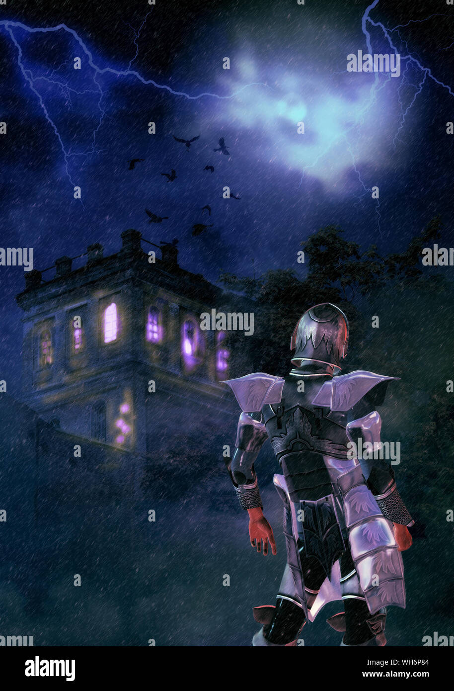 Ancient castle tower and brave medieval knight in armor, 3d ...