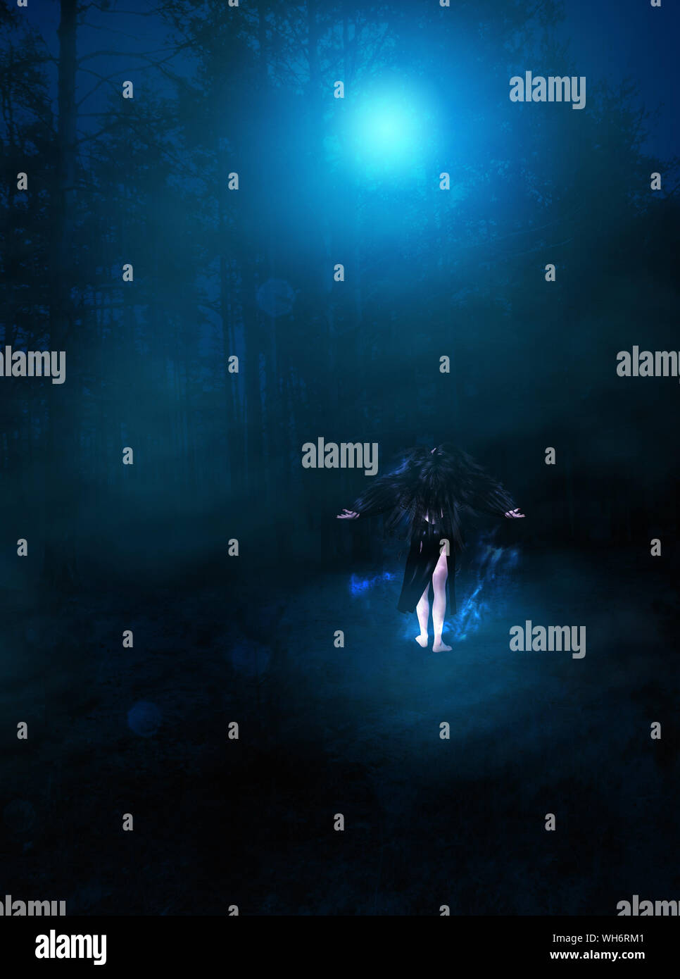 Mysterious night forest and black fallen angel Stock Photo - Alamy