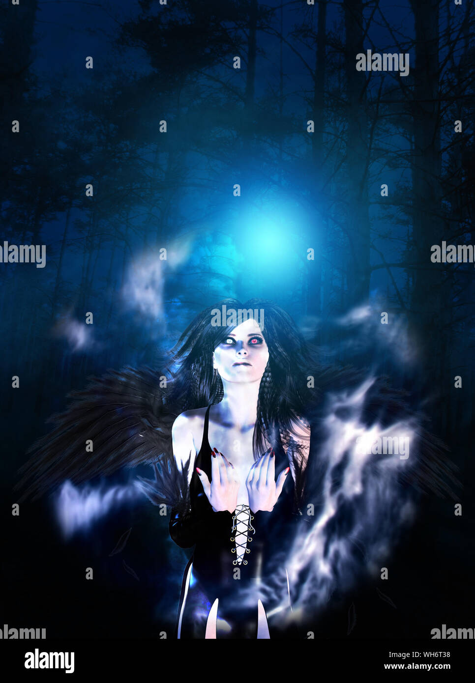 Mysterious night forest and black fallen angel Stock Photo - Alamy