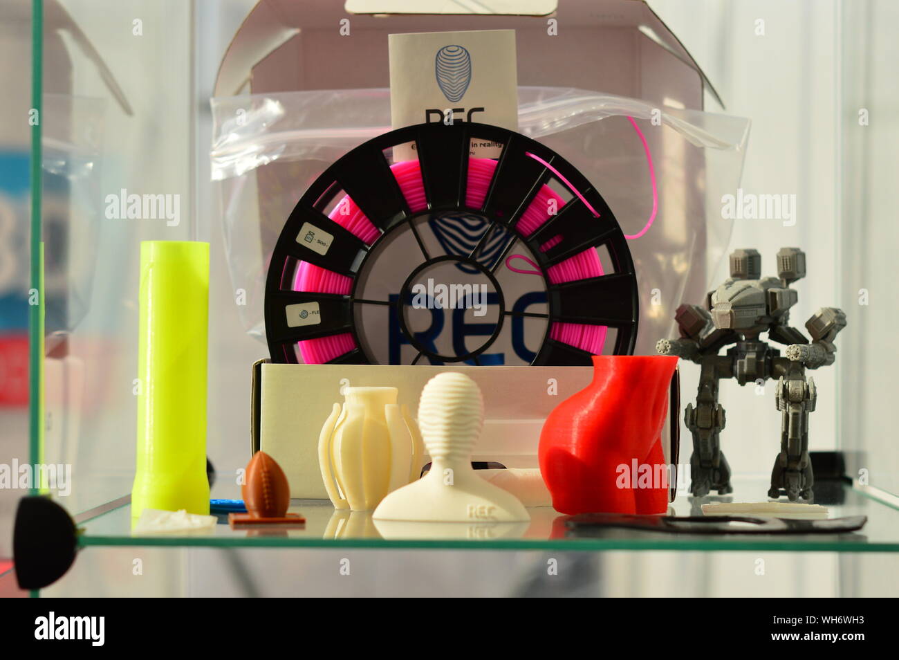 3D printer products.Samples on a showcase, printer production Stock ...