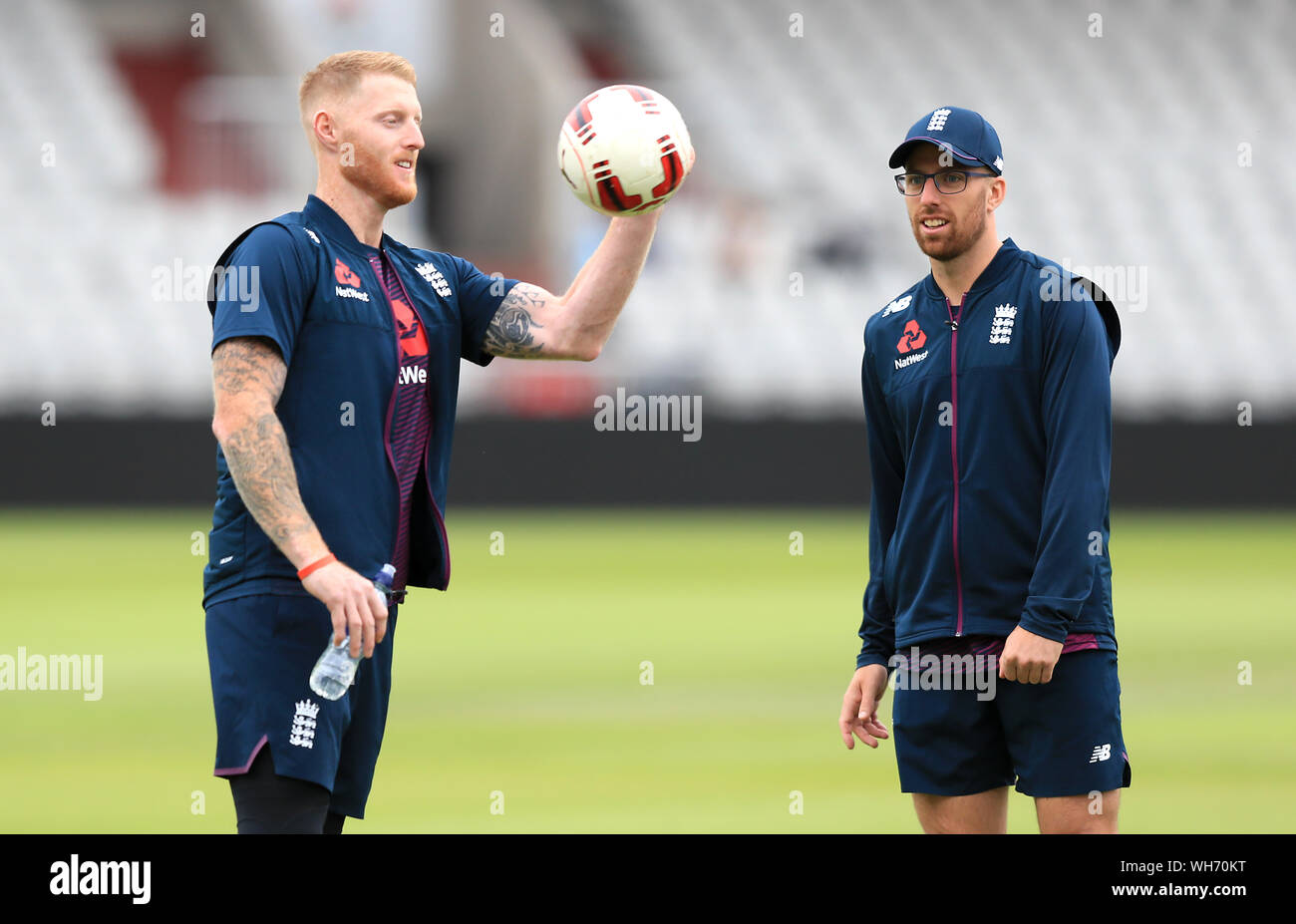 England's Ben Stokes (left) and Jack Leach during a nets session at Old ...