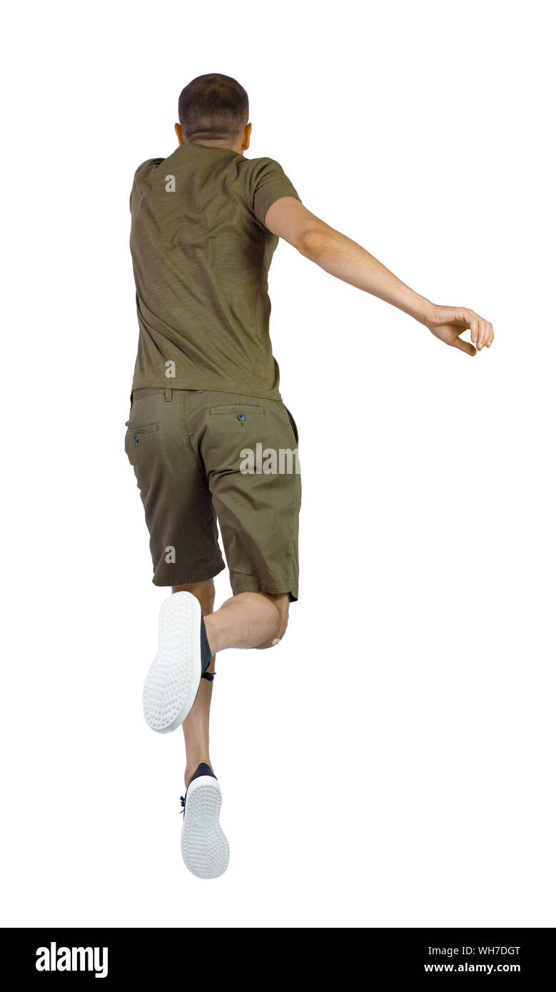 Back view of man in zero gravity or a fall. guy is flying, falling or ...