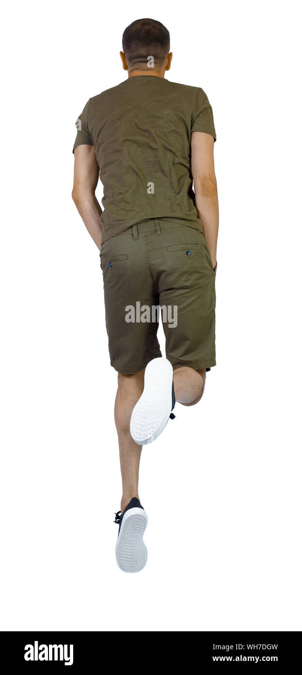 Back view of man in zero gravity or a fall. guy is flying, falling or ...