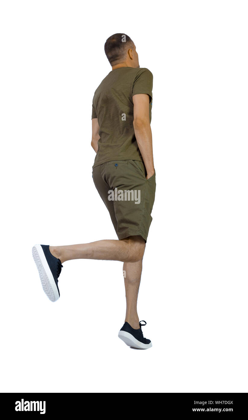 Back view of man in zero gravity or a fall. guy is flying, falling or ...