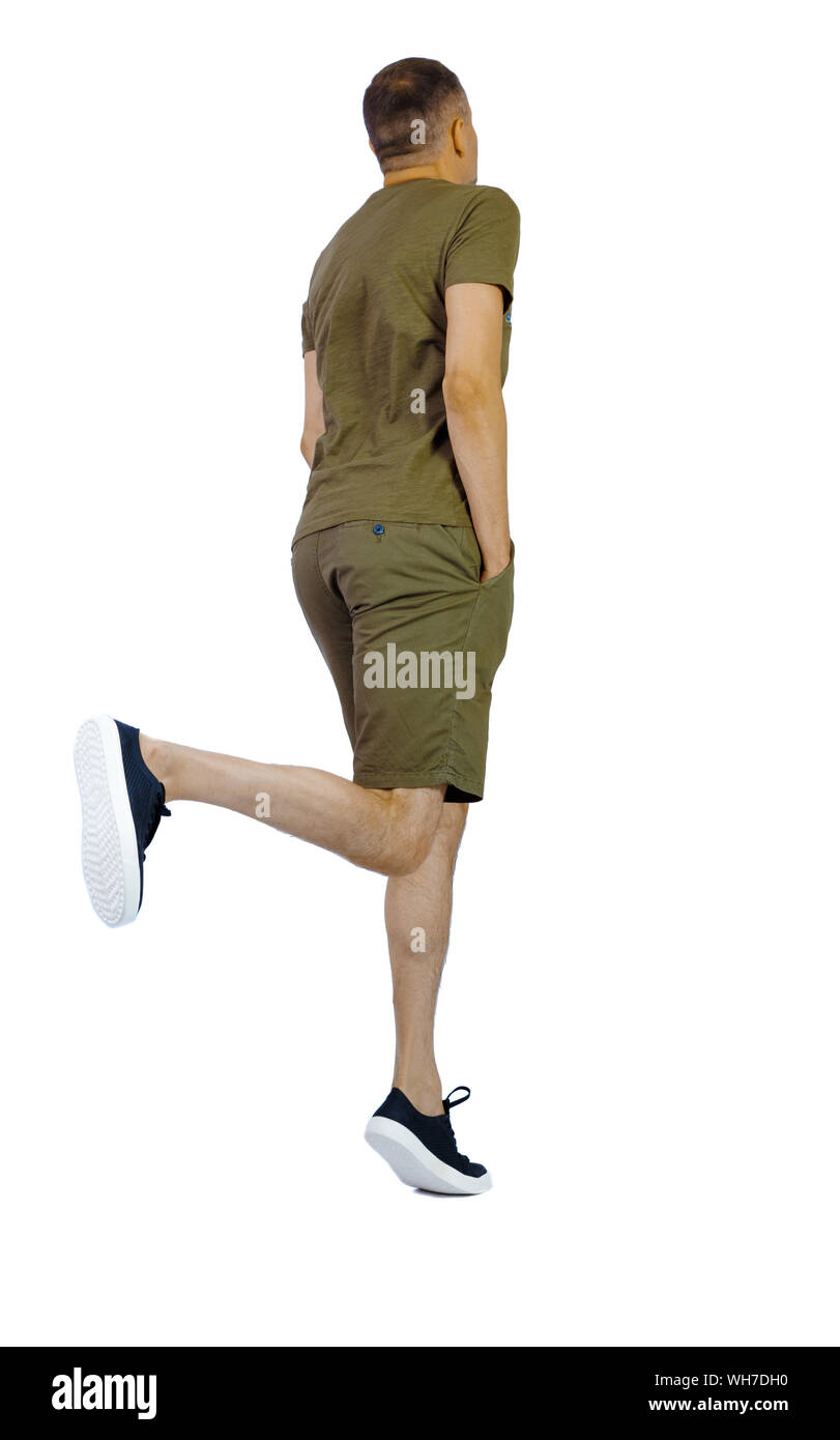 Back view of man in zero gravity or a fall. guy is flying, falling or ...