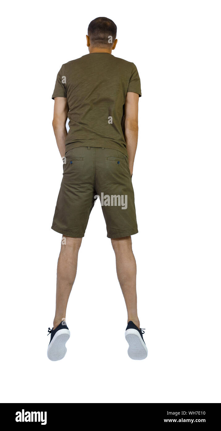 Back view of man in zero gravity or a fall. guy is flying, falling or ...