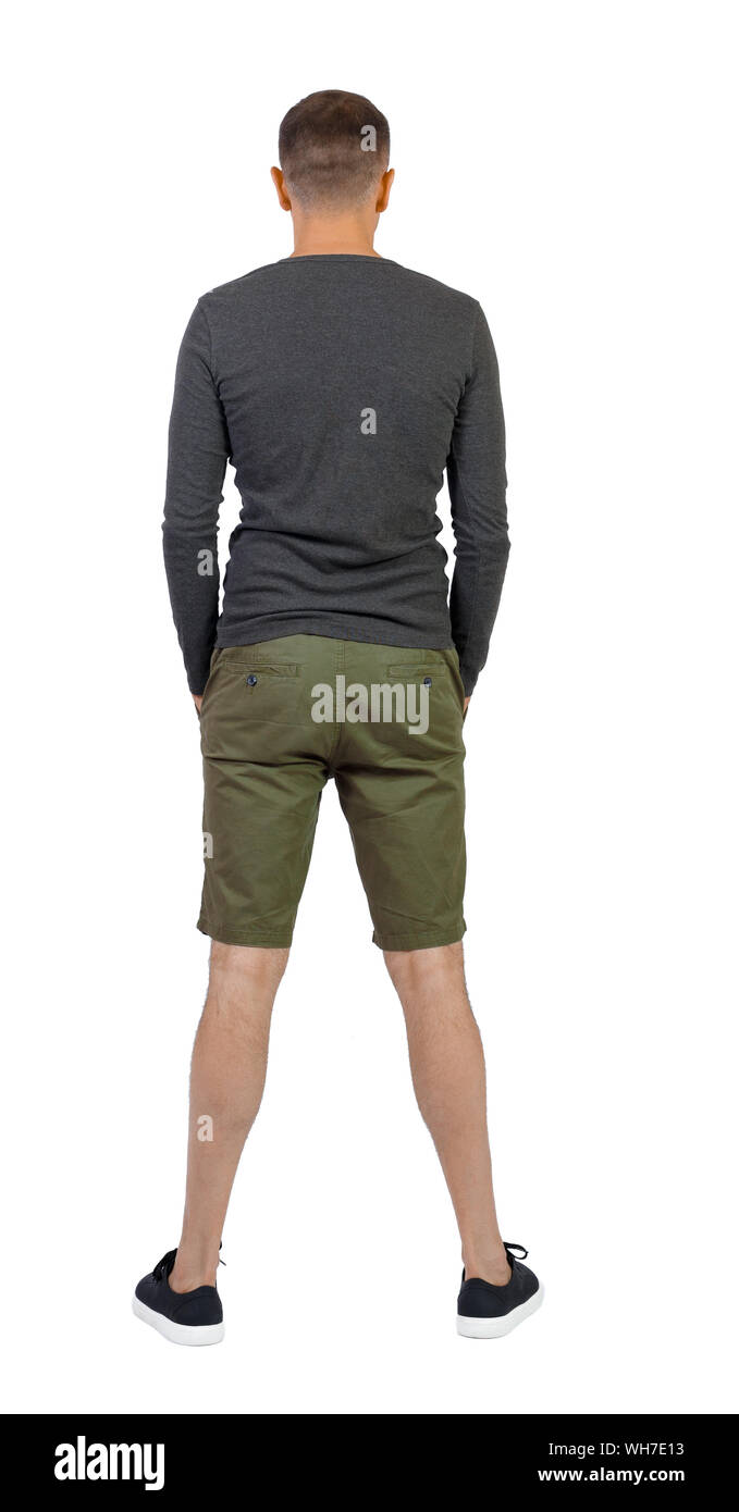 Back view of young manin shorts looking. Rear view people collection ...