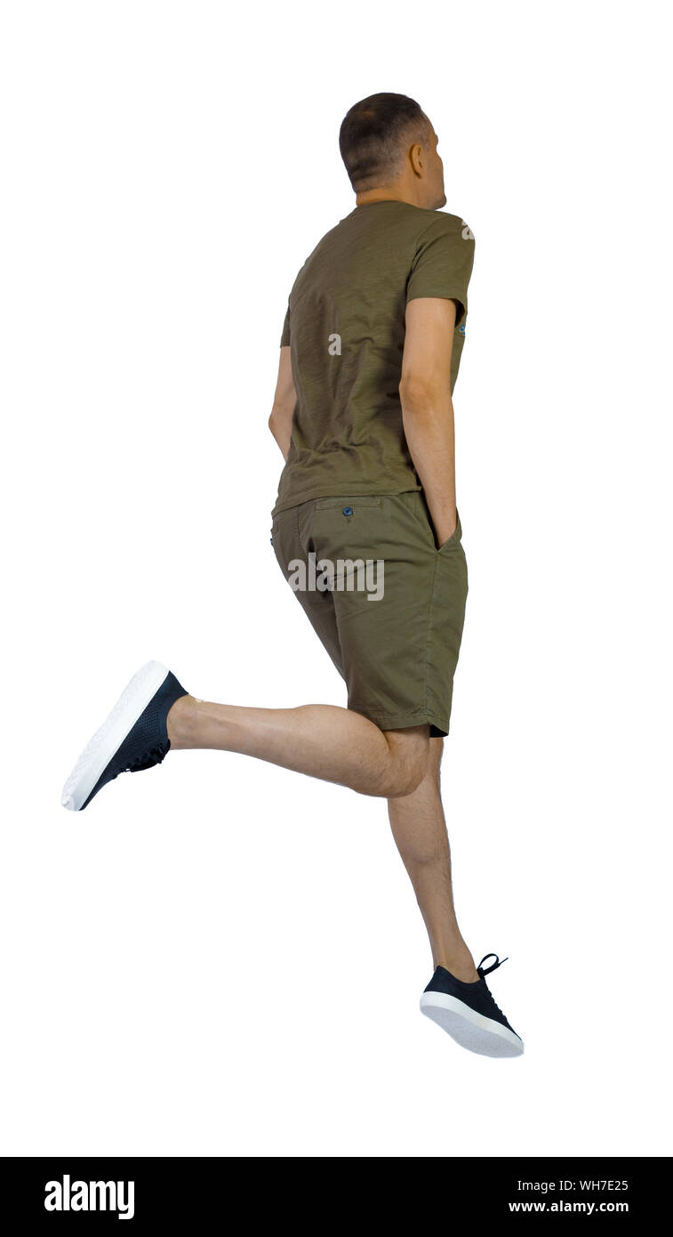 Back view of man in zero gravity or a fall. guy is flying, falling or ...