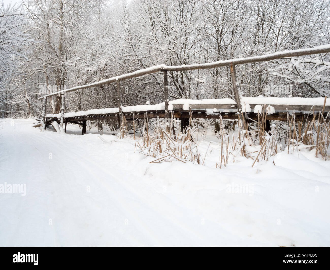 Winter landscape. Wooden bridge in the snow Stock Photo - Alamy