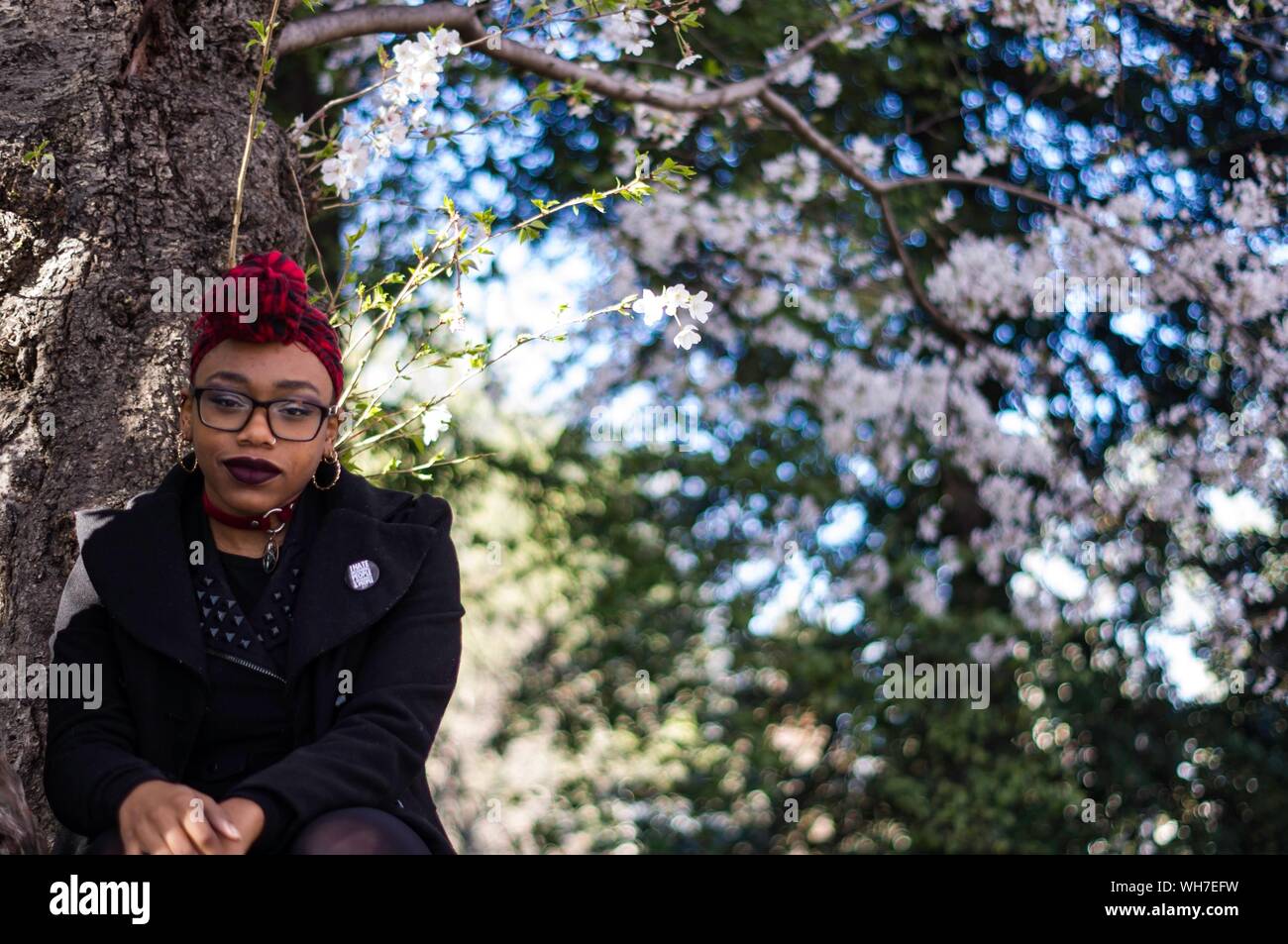 Woman Sitting Against Tree Trunk High Resolution Stock Photography and ...