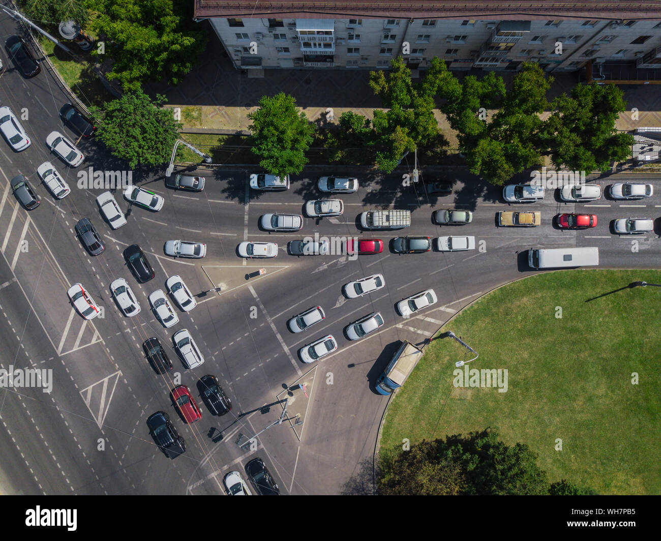 Abstract overhead aerial view of traffic driving navigating through ...