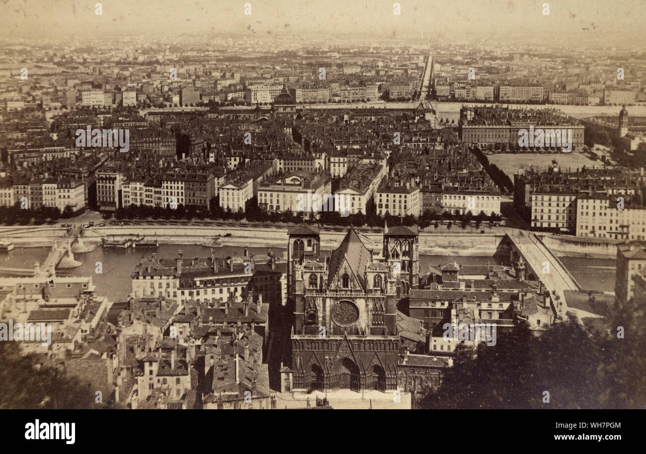 Vintage photograph of a view of Lyon, France, 1880s, 19th Century with ...