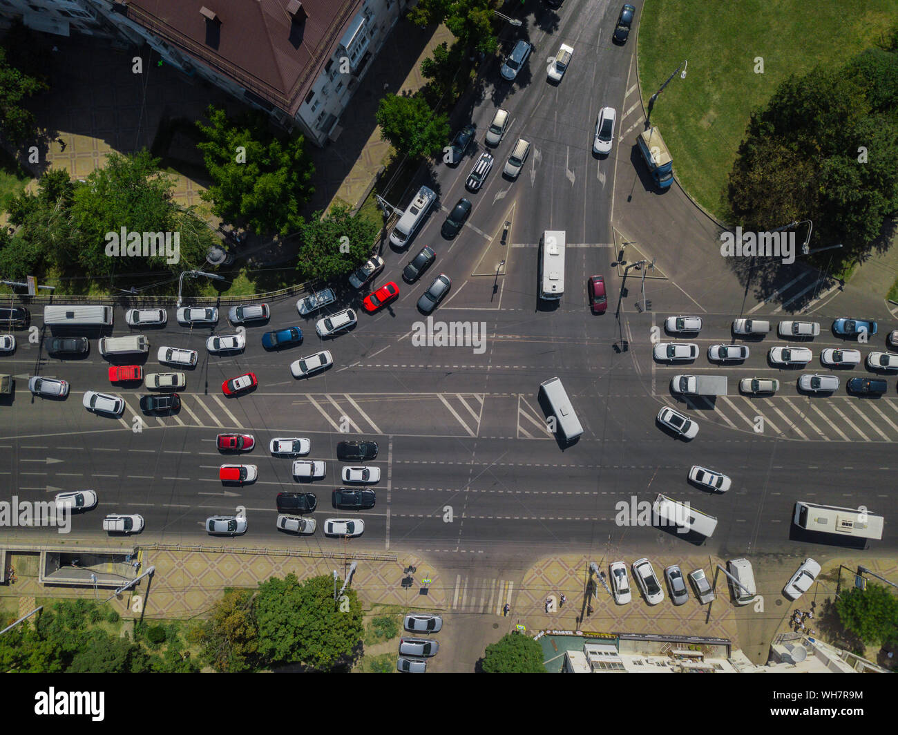 Abstract overhead aerial view of traffic driving navigating through ...