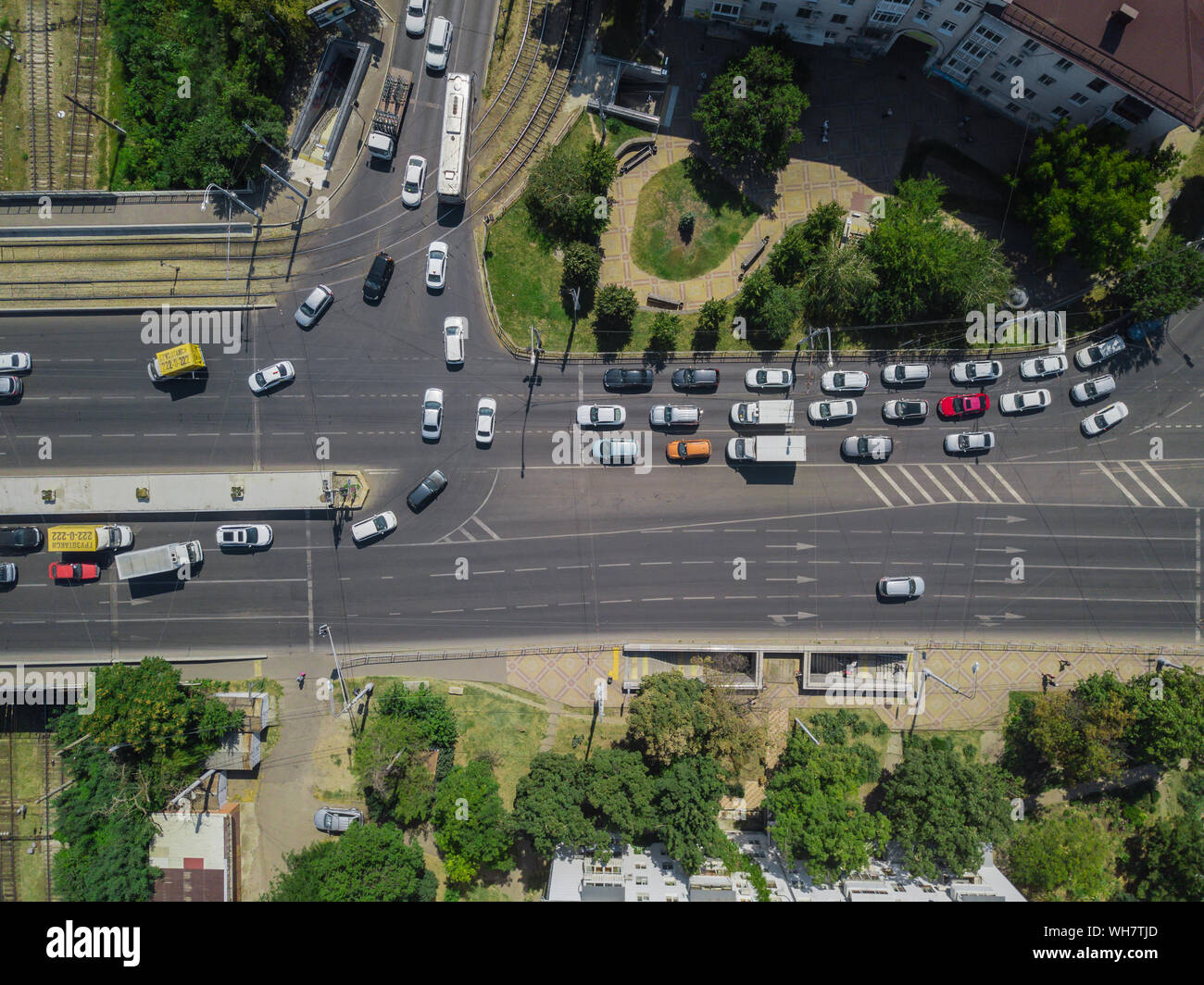 Abstract overhead aerial view of traffic driving navigating through ...