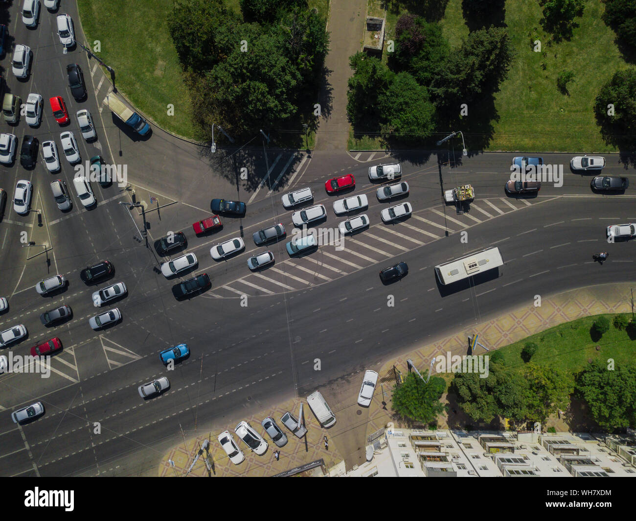 Abstract overhead aerial view of traffic driving navigating through ...