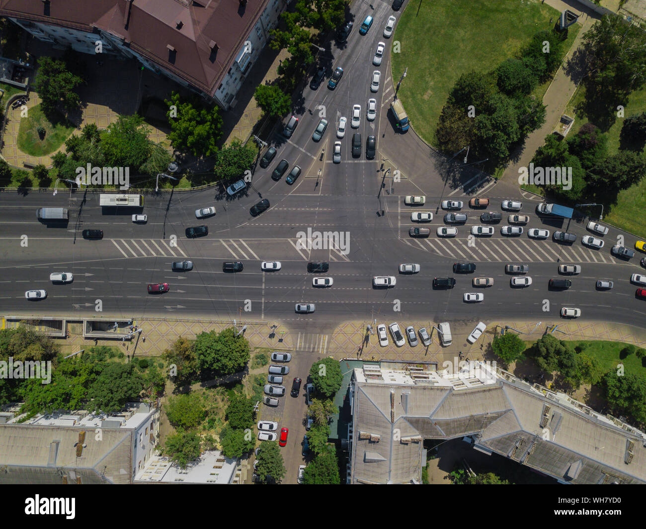 Abstract overhead aerial view of traffic driving navigating through ...