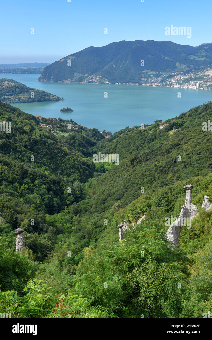 Monument rocks (Chalk Pyramids) of Zone at lake Iseo on Italy Stock ...