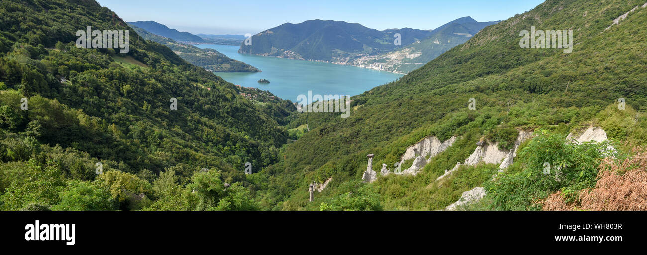 Monument rocks (Chalk Pyramids) of Zone at lake Iseo on Italy Stock ...