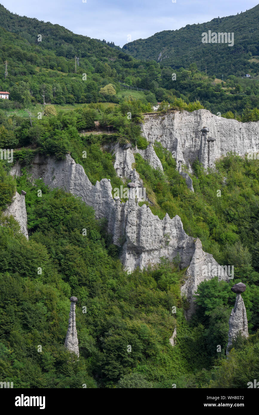 Monument rocks (Chalk Pyramids) of Zone at lake Iseo on Italy Stock ...