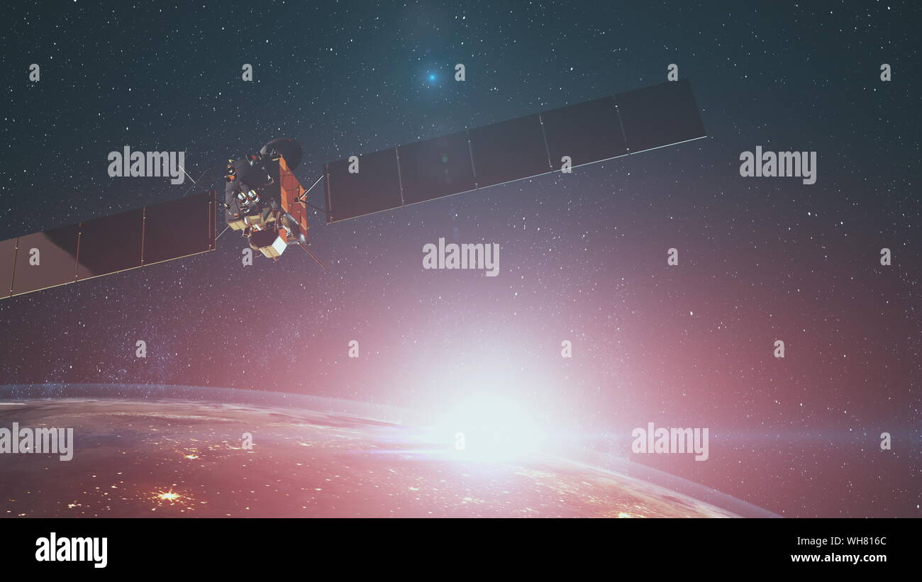 Modern space probe satellite with solar panels over planet Earth with ...