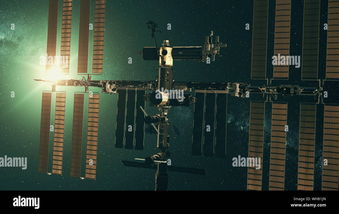 Modern International Space Station with solar panels in outer space ...
