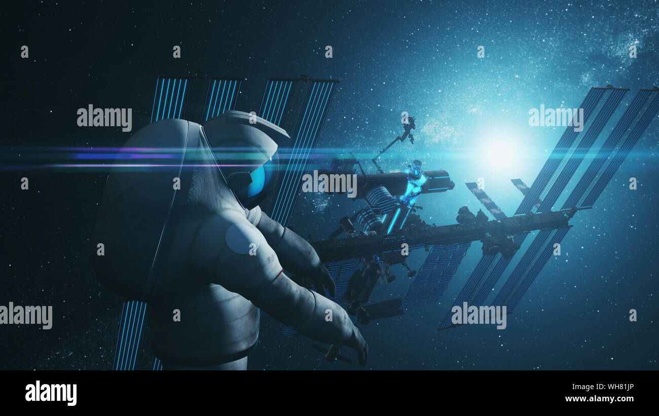 Spaceman in spacesuit flies at blue and black International Space ...