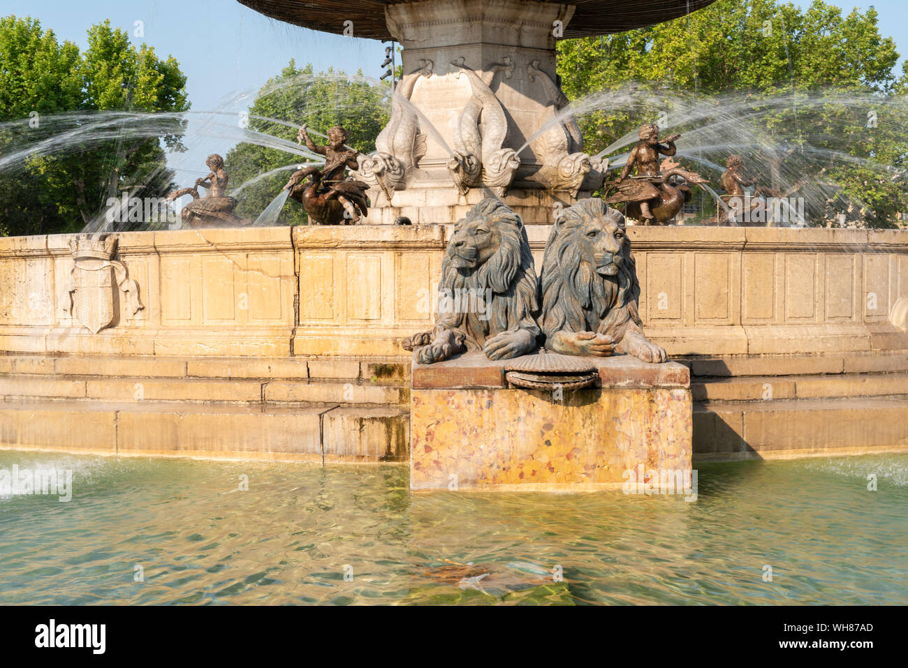 Historical fontaine de la Rotonde with sculpture of lions in Aix-en ...