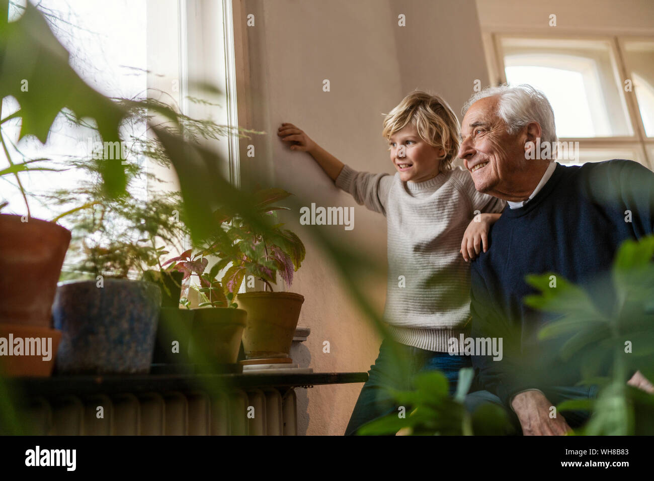 Grandfather and grandson at home looking out of window Stock Photo - Alamy