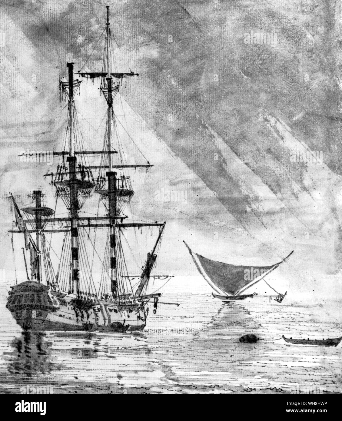 A pen and wash sketch showing the Resolution en route for the Antarctic ...