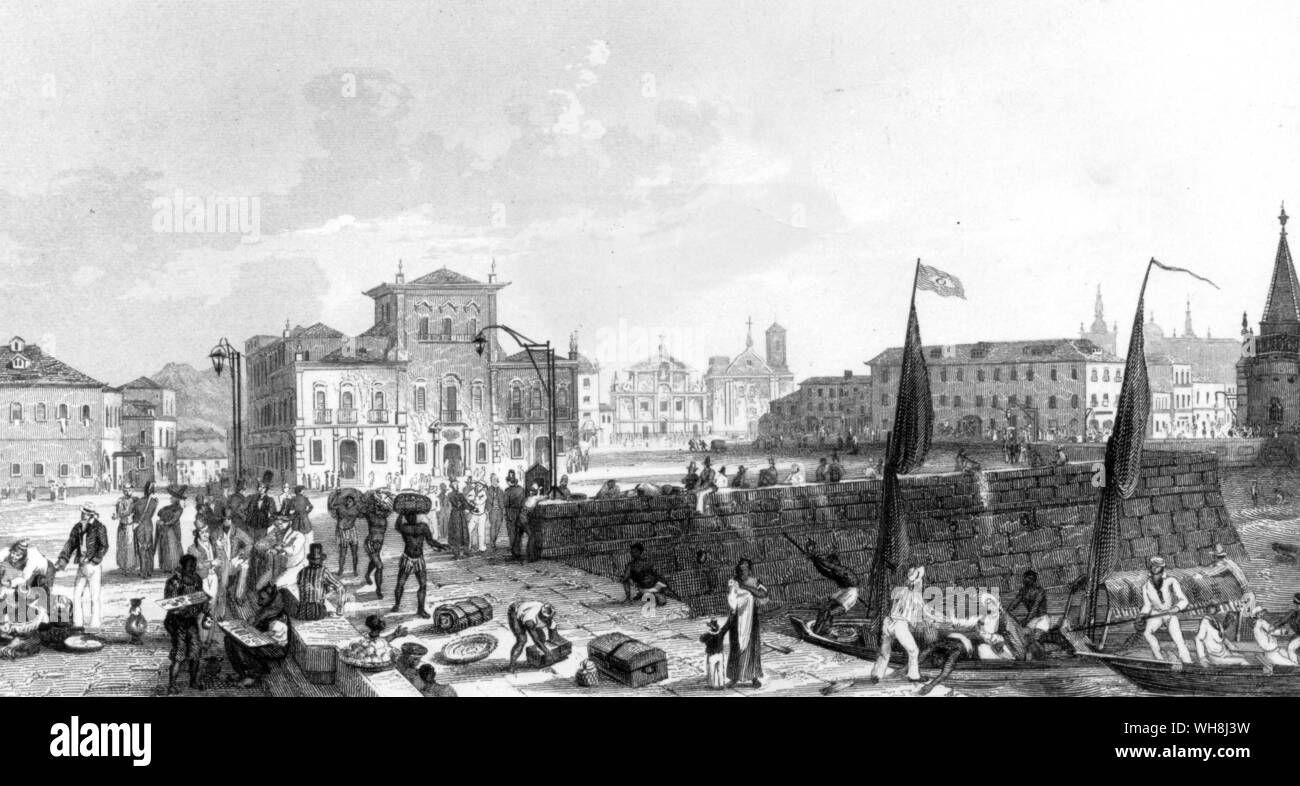 Mole, palace and cathedral at Rio de Janeiro. Drawing by Augustus Earle ...