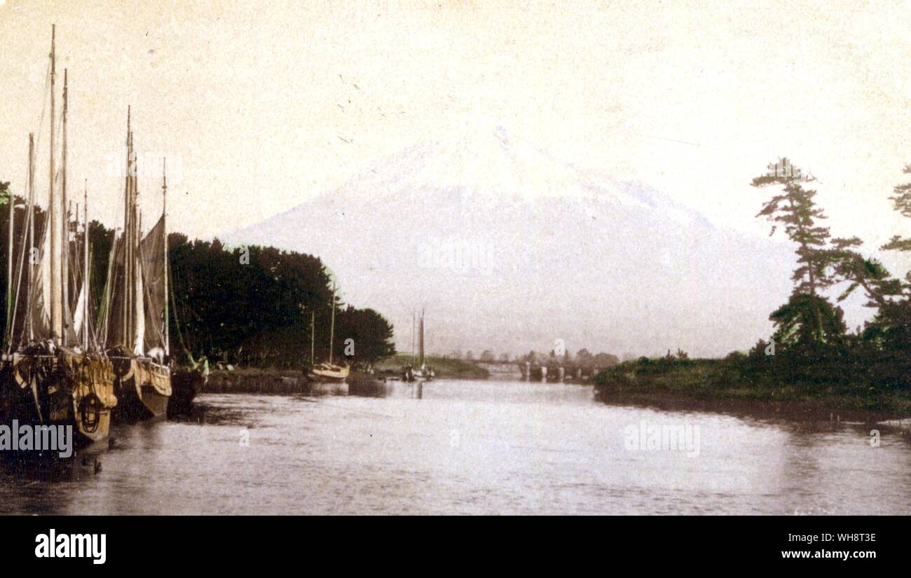 Mount Fuji with a river in the foreground. 1898 Stock Photo - Alamy