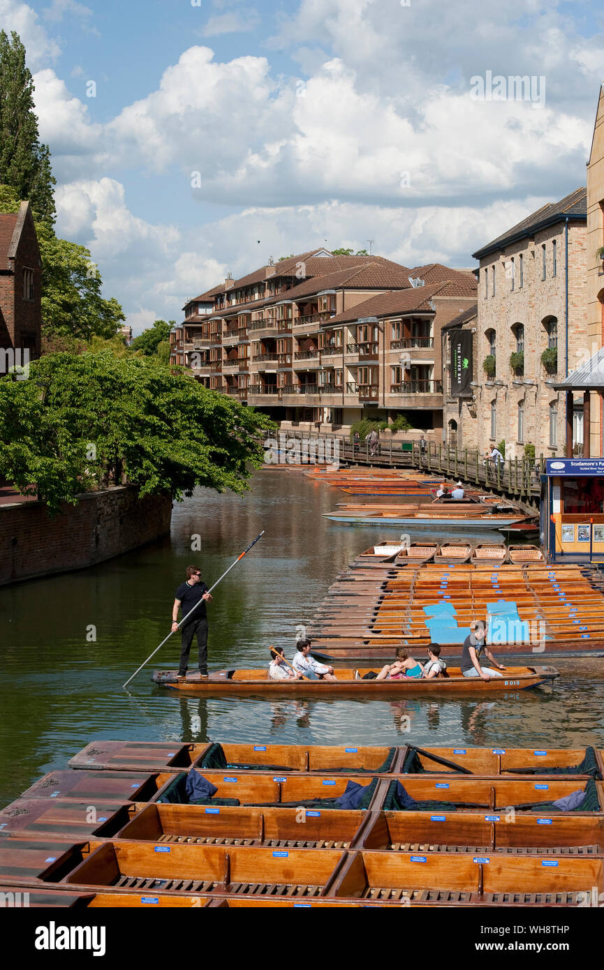 Wooden punts on the River Cam at Scudamore's Punting Company, Cambridge ...