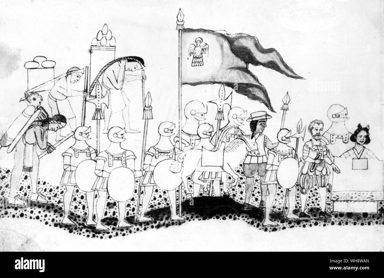 Cortes sets out on his march to the interior. 16th century Mexican ...