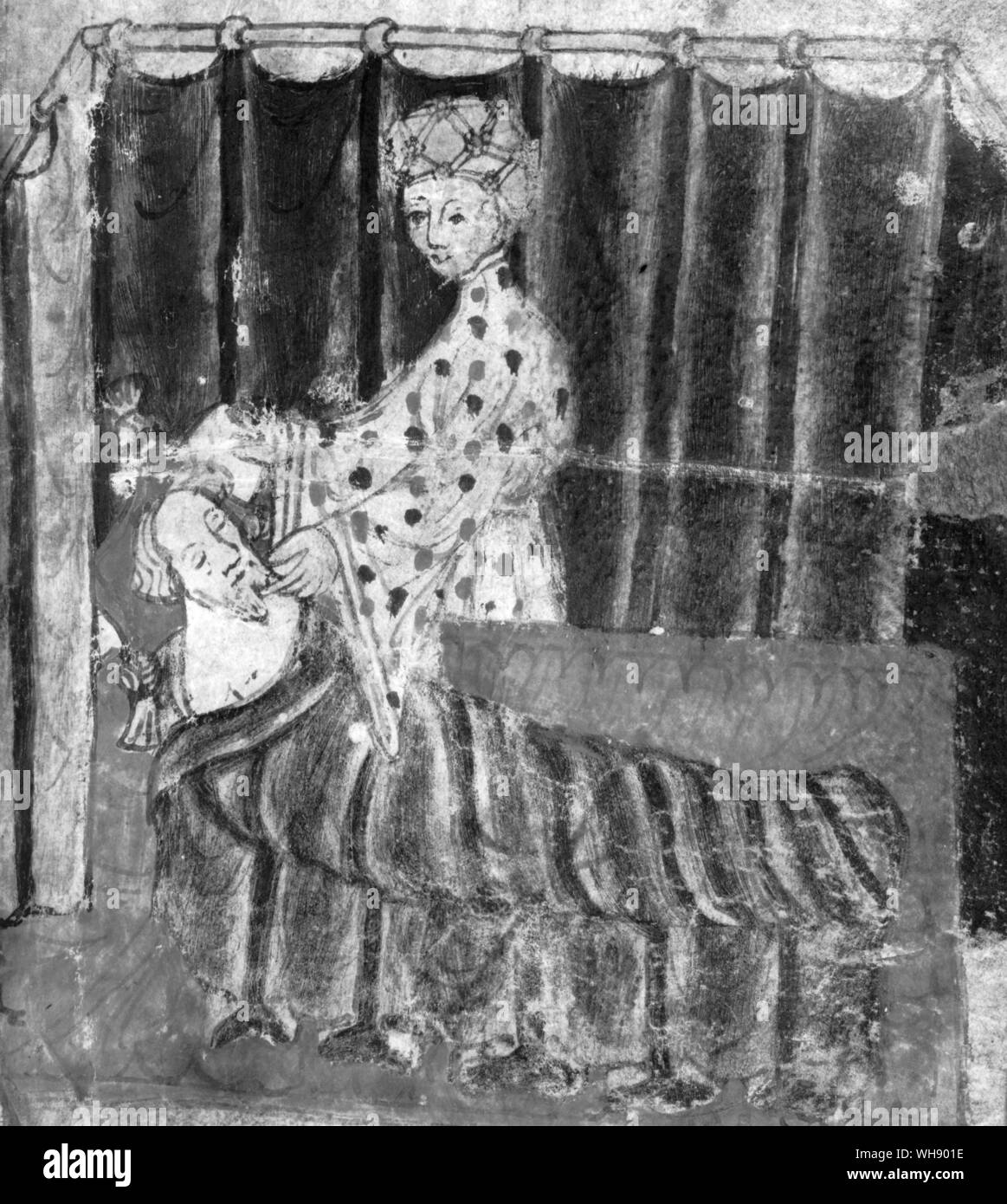 Gawaine asleep in bed visited secretly by the wife of Sir Bertilak, the ...