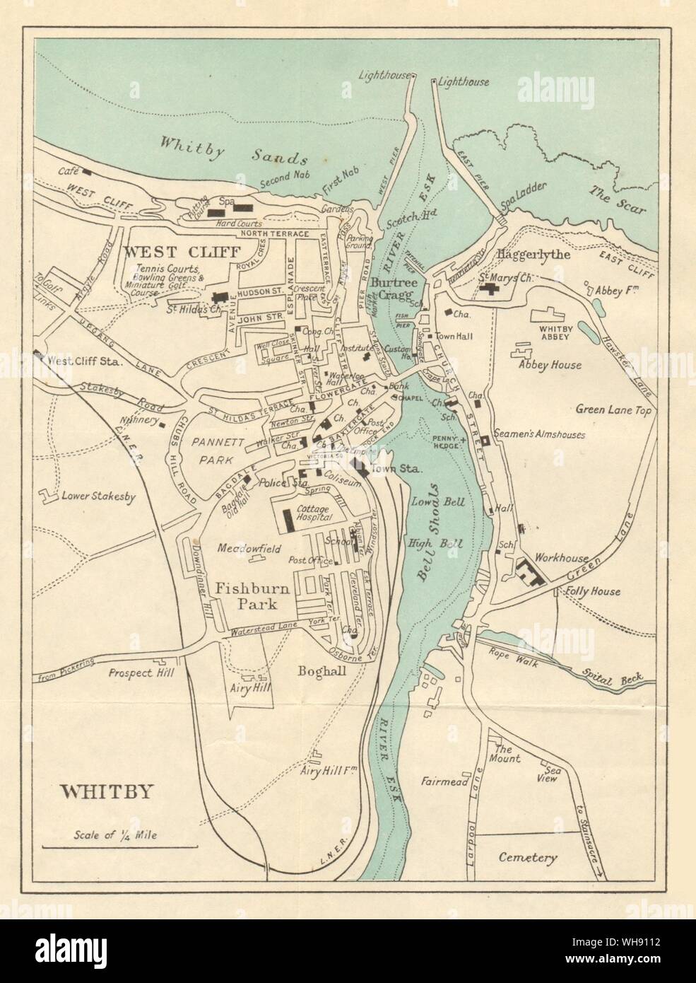 WHITBY vintage town/city plan. Yorkshire. WARD LOCK 1930 old vintage ...