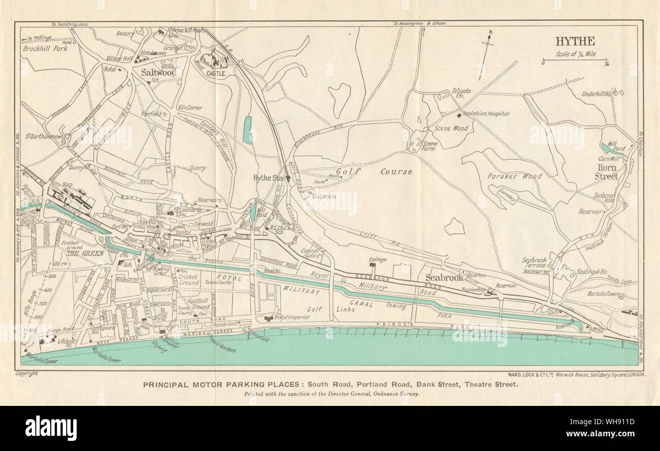 HYTHE vintage town/city plan. Saltwood Kent. WARD LOCK 1952 old vintage ...