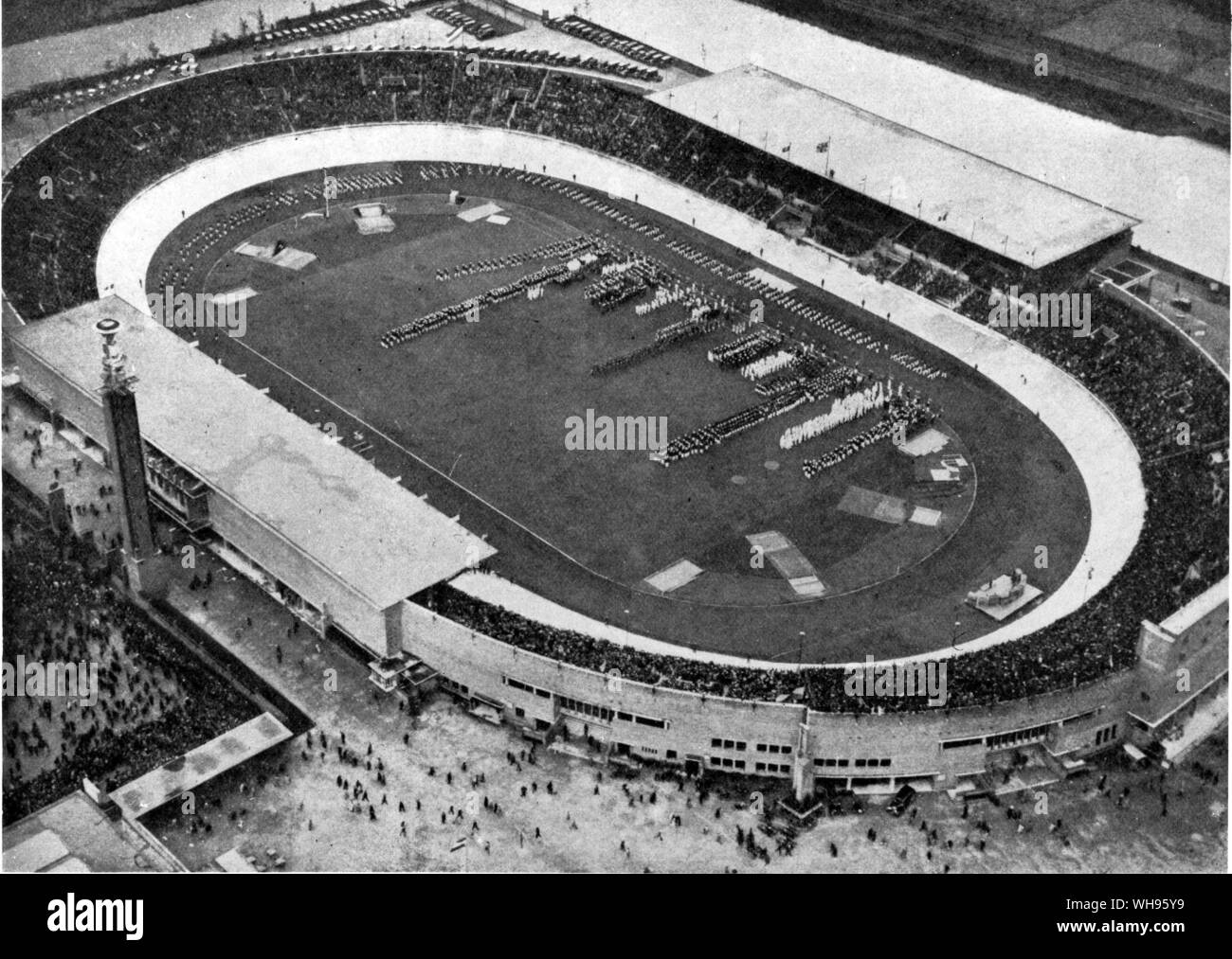 Aerial view of Olympic Stadium during march past at opening ceremony ...