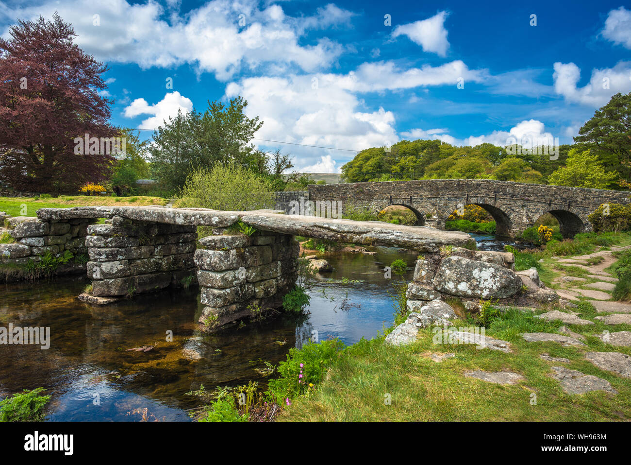 Medieval clapper bridge over the East Dart River at Postbridge on ...