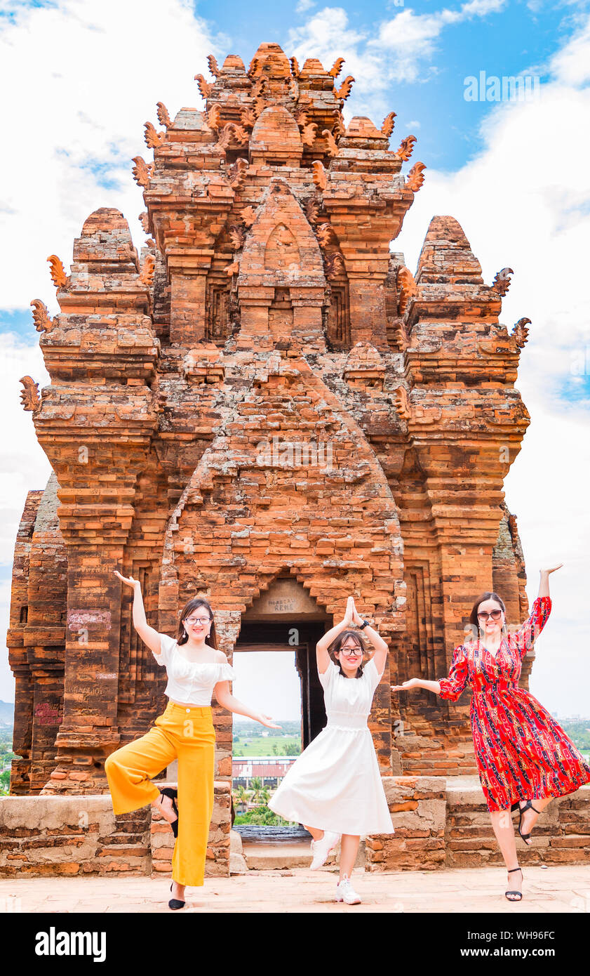 dancing asian girl on Poklongarai champa tower. Yoga position. Located ...