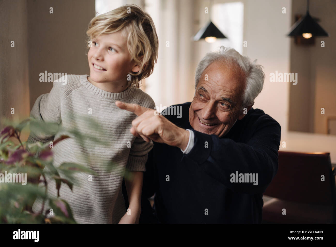 Grandfather and grandson at home looking out of window Stock Photo - Alamy