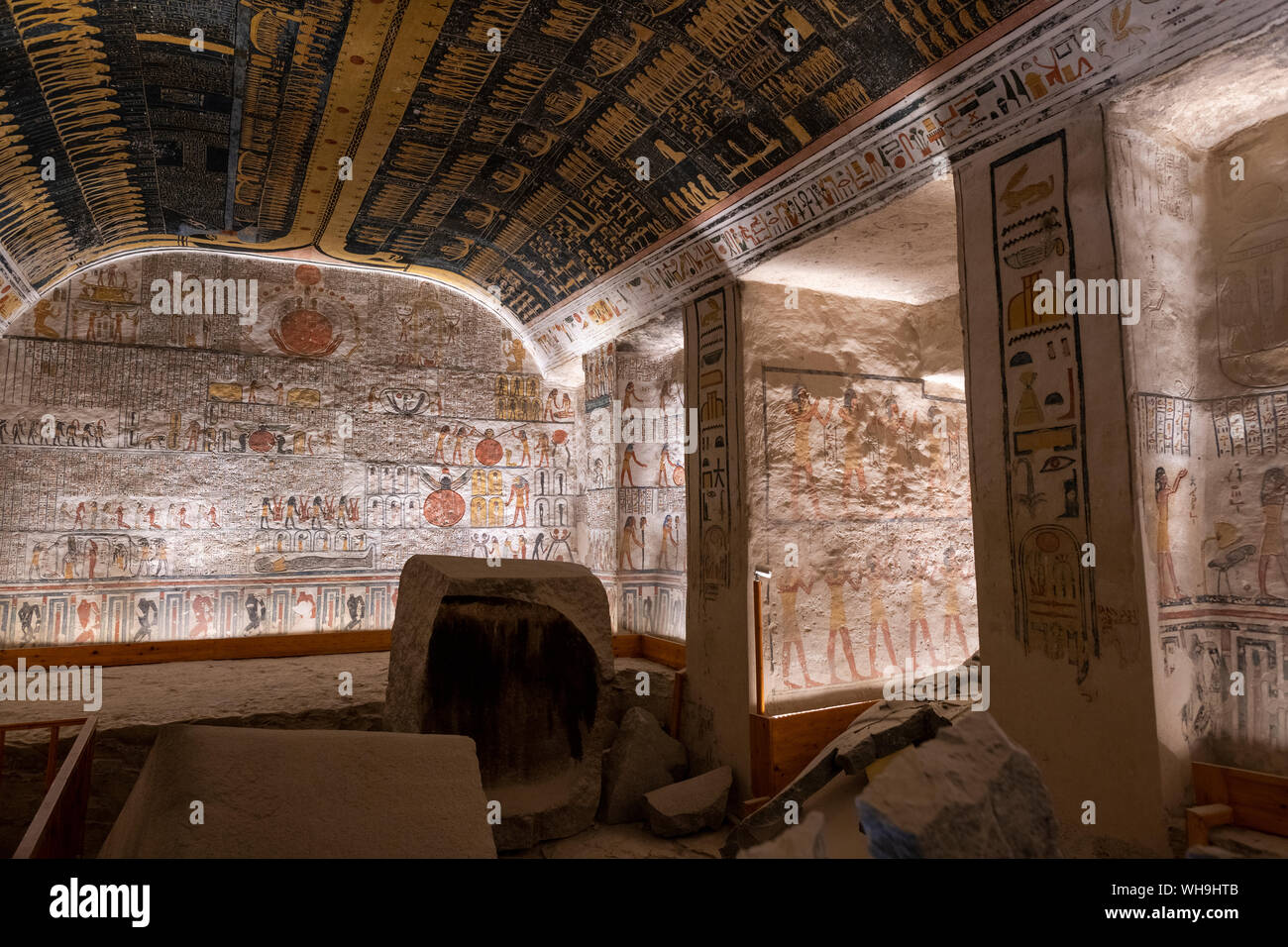 Colorful hieroglyphics and mural paintings in Egyptian Pharaoh Ramses ...