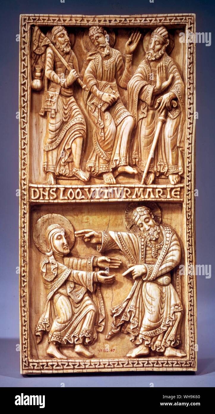 Leaf of ivory diptych upper register The journey to Emmaus one disciple ...
