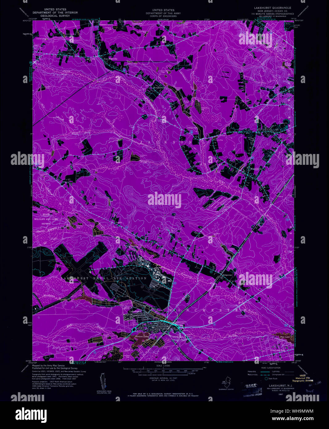 USGS TOPO Map New Jersey NJ Lakehurst 254522 1957 24000 Inverted ...